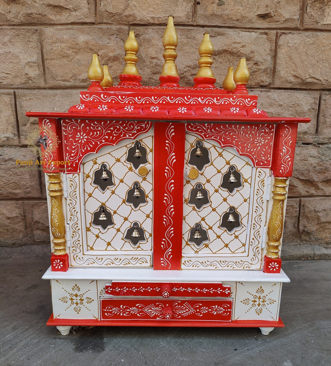 Wooden Pooja Room Temple White+red Combo Handcrafted Wall Hanging ...