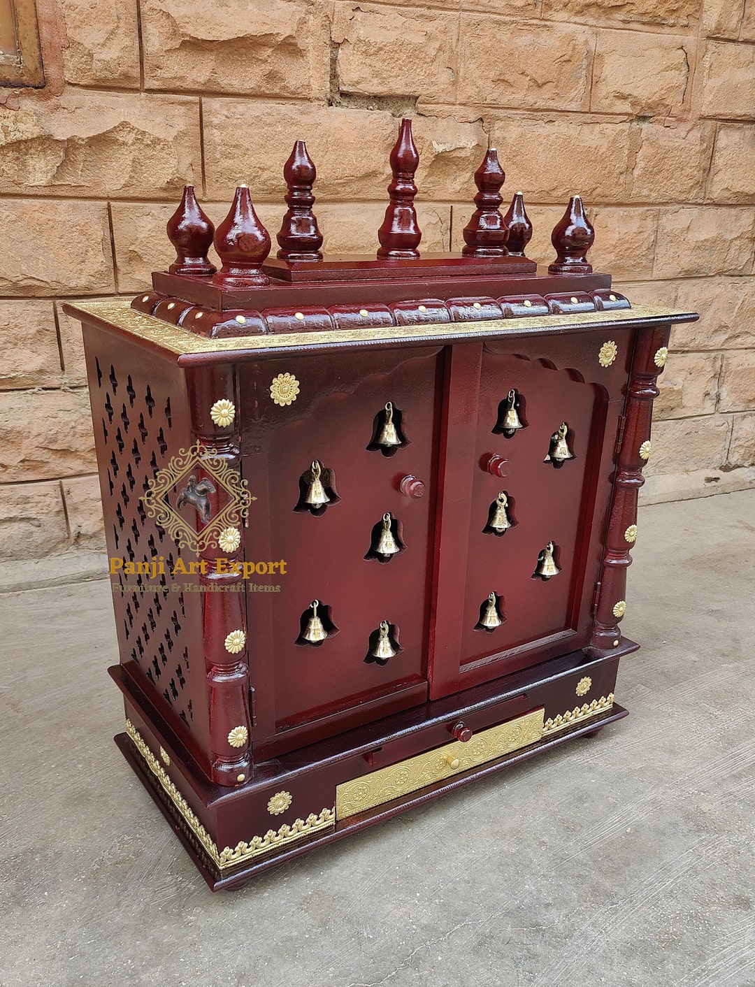 Handcrafted Wooden Temple Mandir: Cherry & Gold Brass Bells, Pooja Ghar ...
