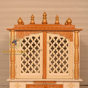 Wooden Pooja Room Temple, Orange White Gold Embossed, Handcrafted Wall ...