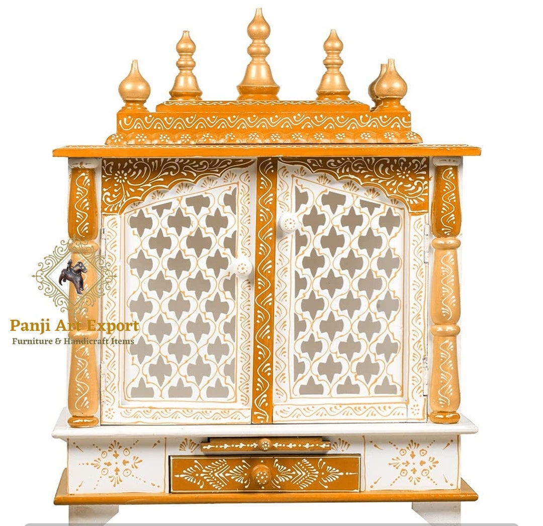 Wooden Pooja Room Temple White + Yellow Combo Handcrafted Wall Hanging ...