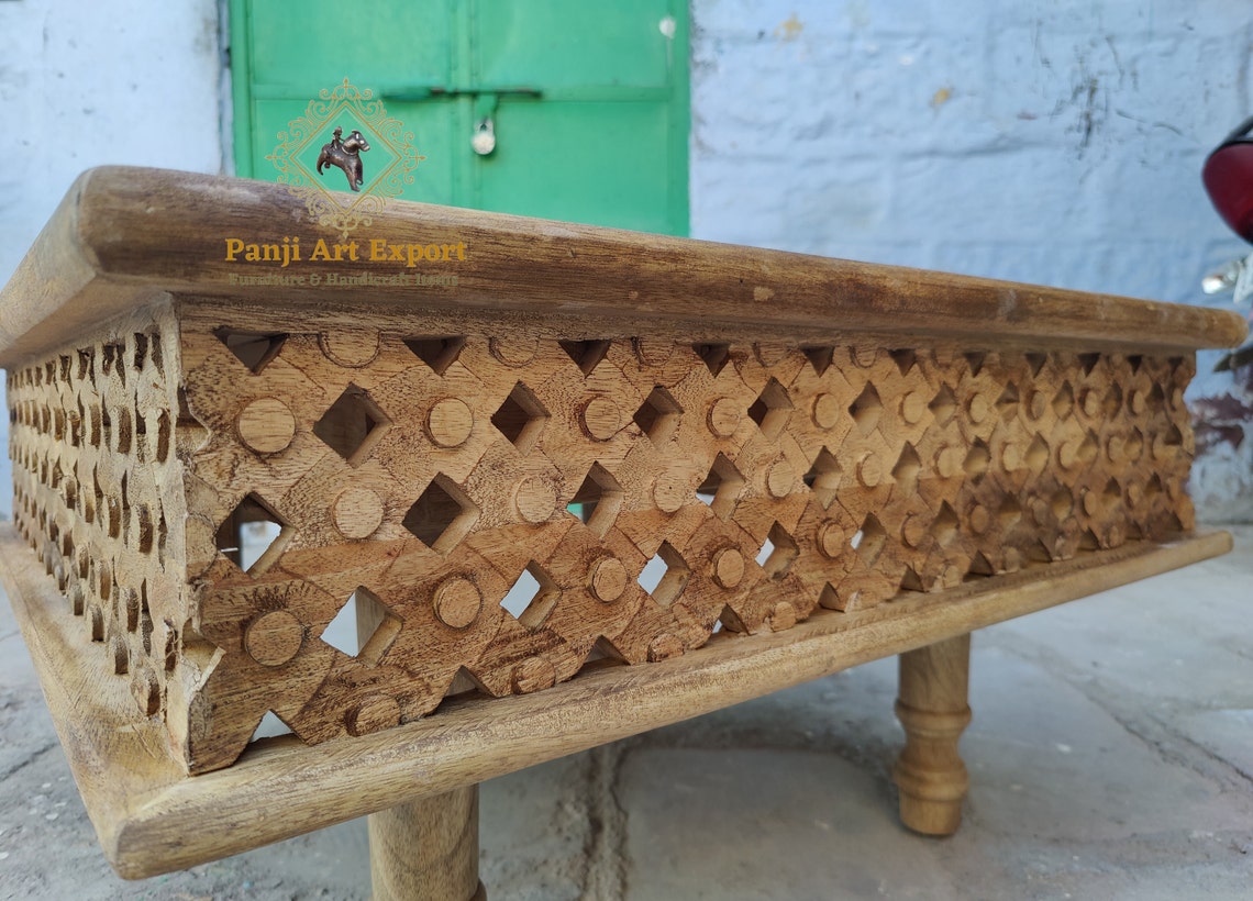Handmade Raw Mango Wood Coffee Table: Lattice Carved Square Accent ...