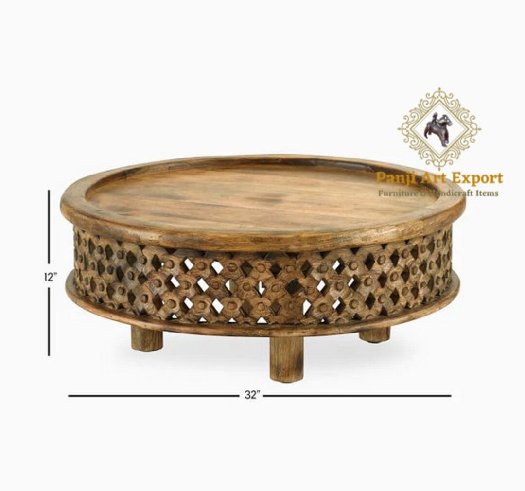 Wooden Coffee Table Curved Table in Raw Mango Lattice Round - Etsy