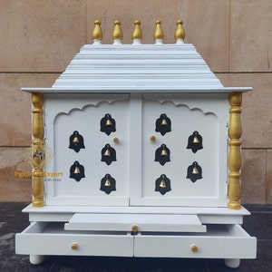 Wooden Temple Mandir White + Gold Finished Beautiful Hanging Bells ...