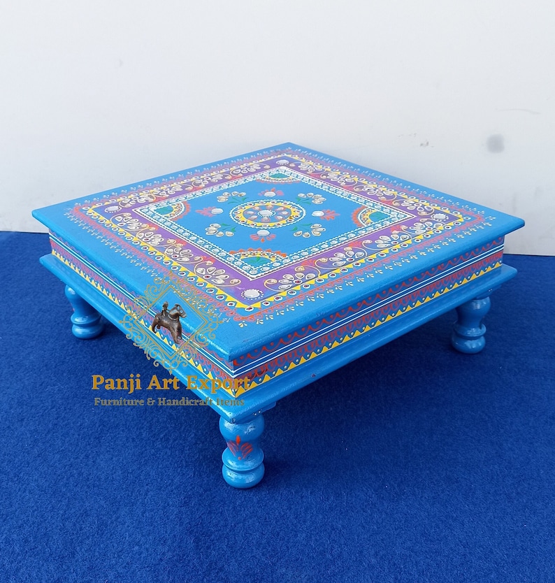 Handcrafted Wooden Pooja Chowki: Embossed Painting Puja Stool - Etsy
