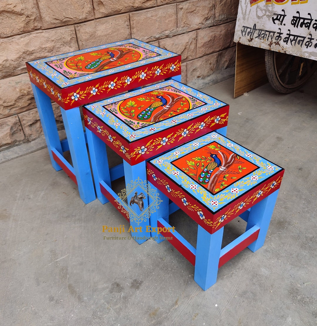 Wooden Indian Solid Wood Hand-painted Nesting Table Nest of Tables Set ...