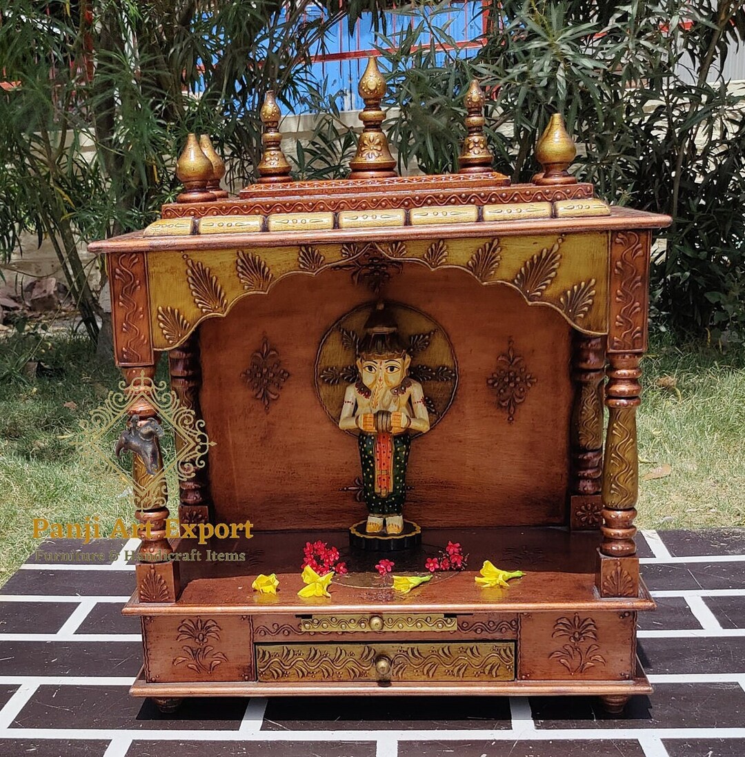 Wooden Temple Mandir Copper Gold Finished Beautiful Handcrafted Mandir ...