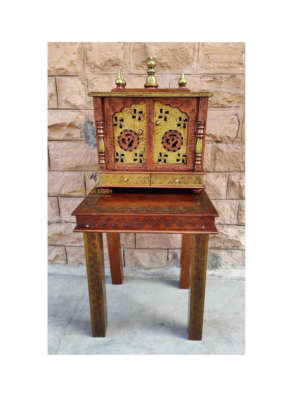 Handcrafted Wooden Temple: Copper & Gold Pooja Ghar With Folding Table ...