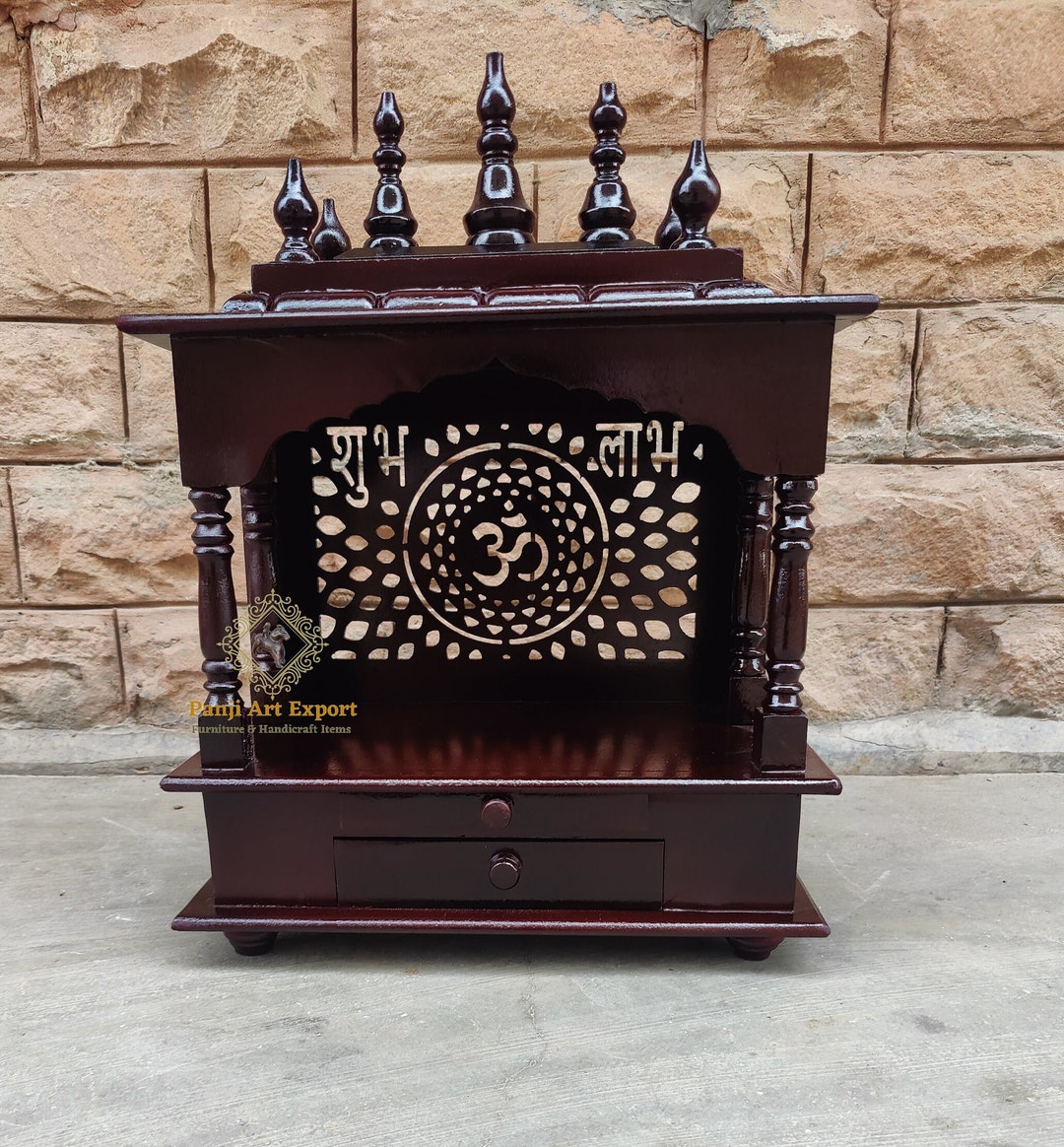 Cherry Finished Wooden Temple: Handcrafted OM Design Mandir, Pooja Ghar ...