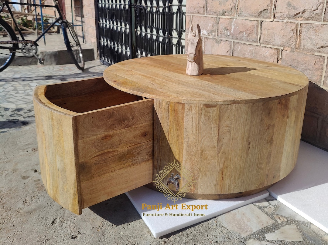 Wooden Round Storage Box Coffee Table, Wooden Coffee Table, Wooden ...