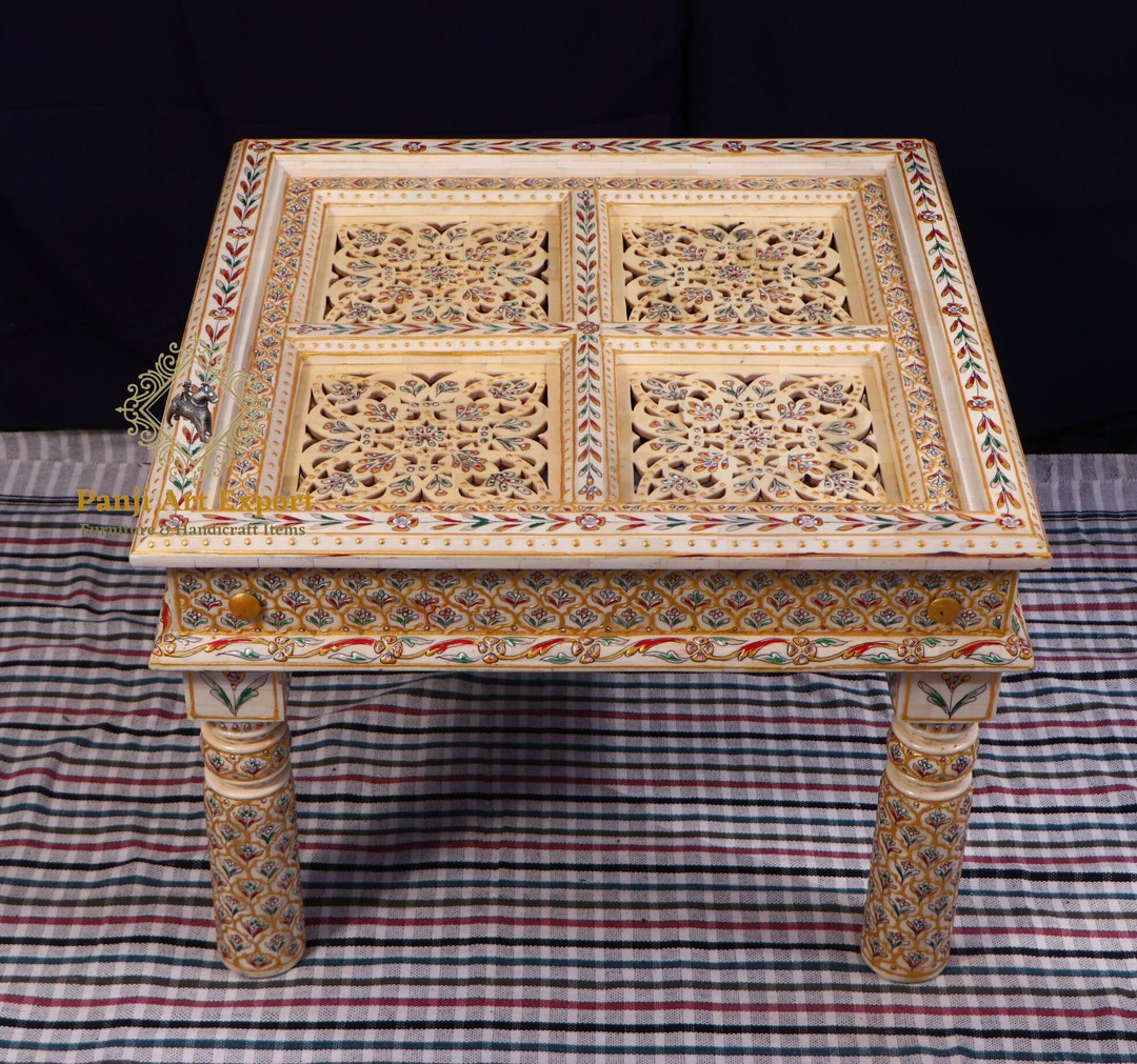 Wooden Bone Inlay End Table Antique Design Square Table Foldable White ...