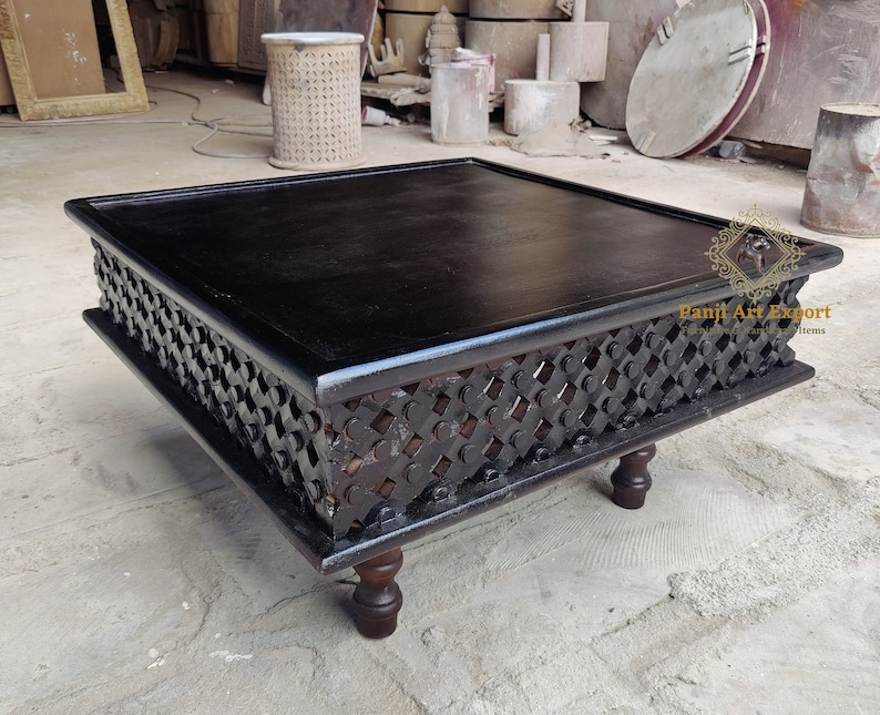 Handmade Raw Mango Wood Coffee Table: Lattice Carved Square Accent ...