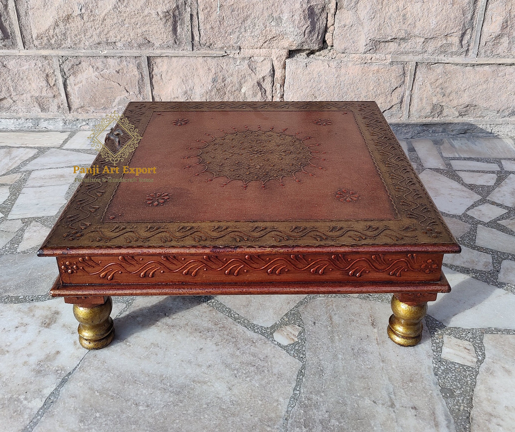 Wooden Pooja Chowki Handmade Embossed Copper Gold Chowki Handcrafted Bajot Pooja Stool Wooden Handmade Bajot Indian Handicraft Decor Etsy