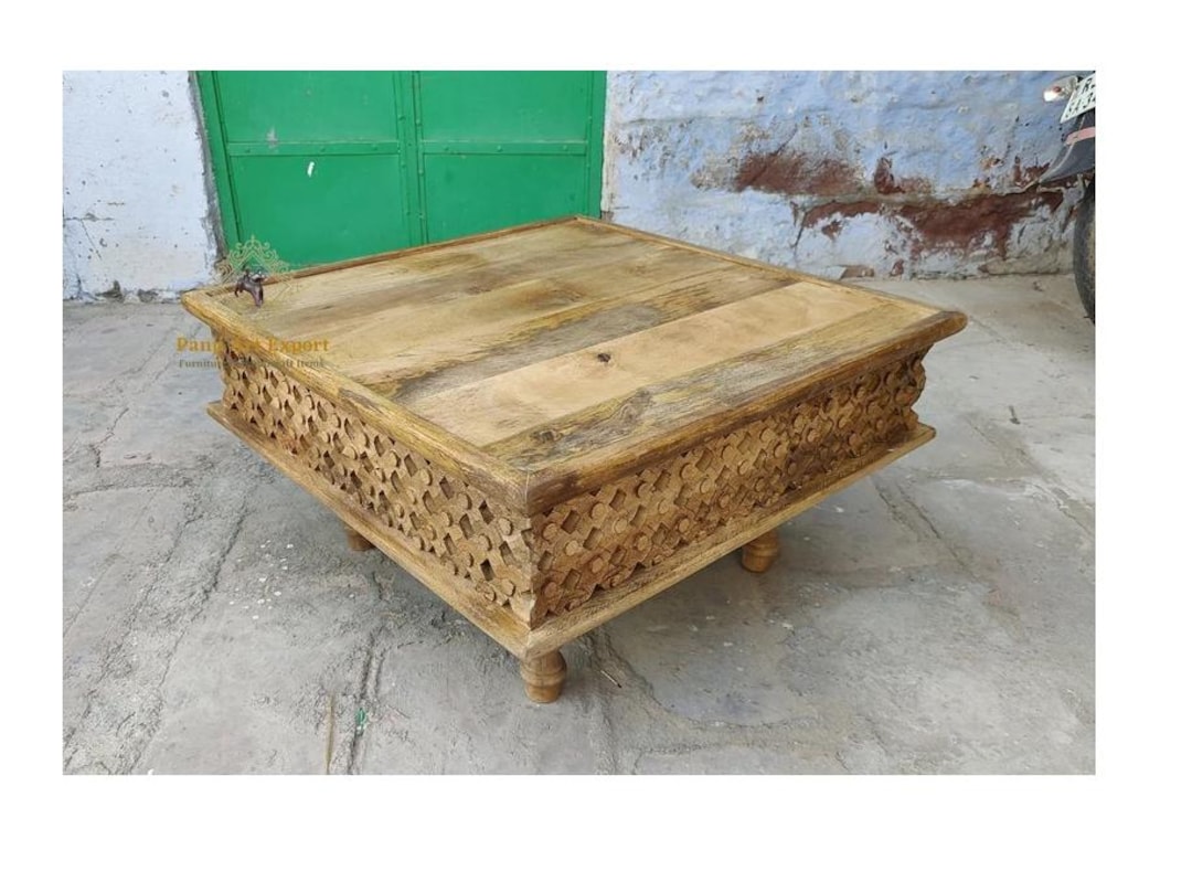 Handmade Raw Mango Wood Coffee Table: Lattice Carved Square Accent ...