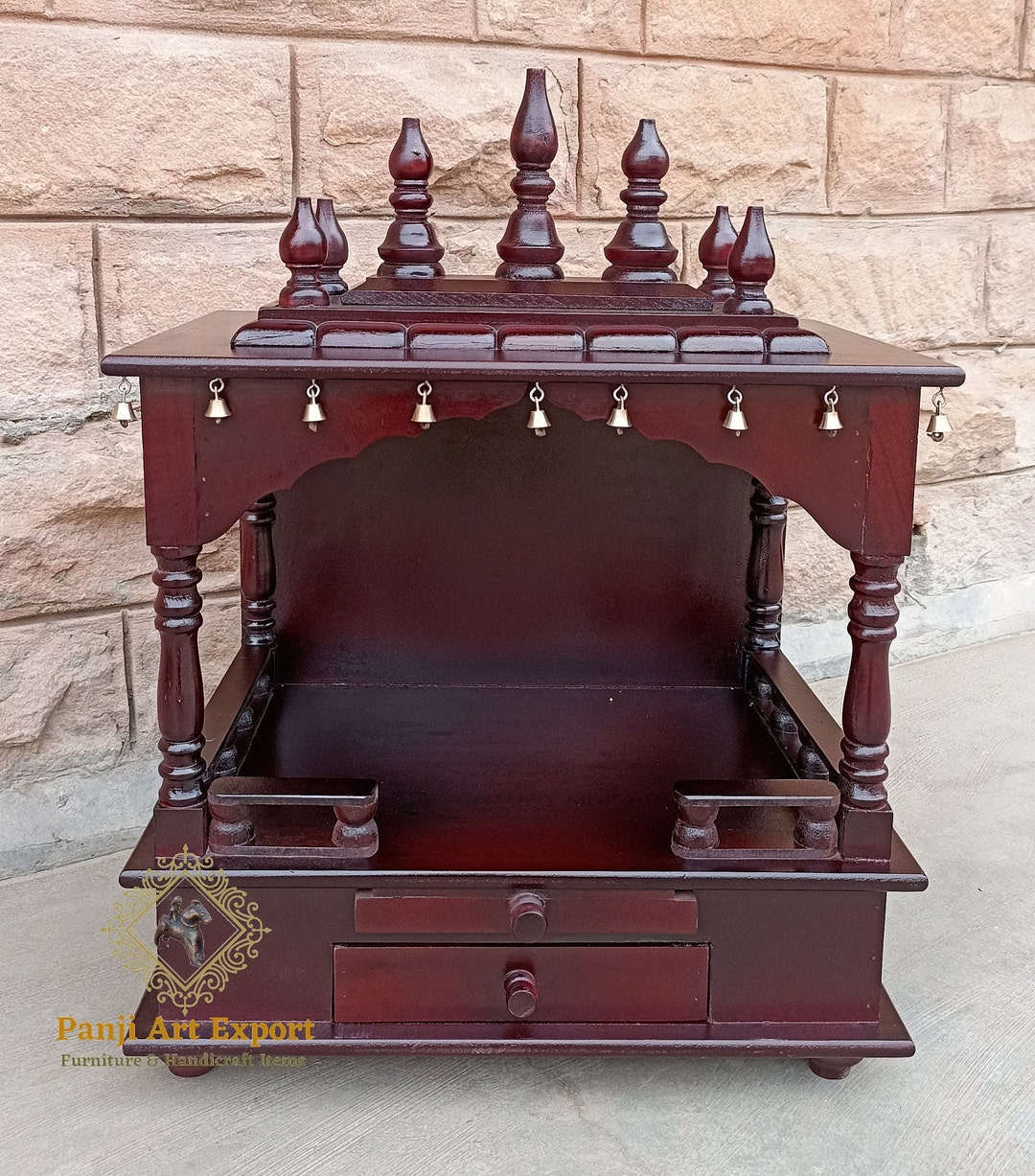 Cherry Finished Wooden Temple: Handcrafted Pooja Ghar Mandir With Brass ...