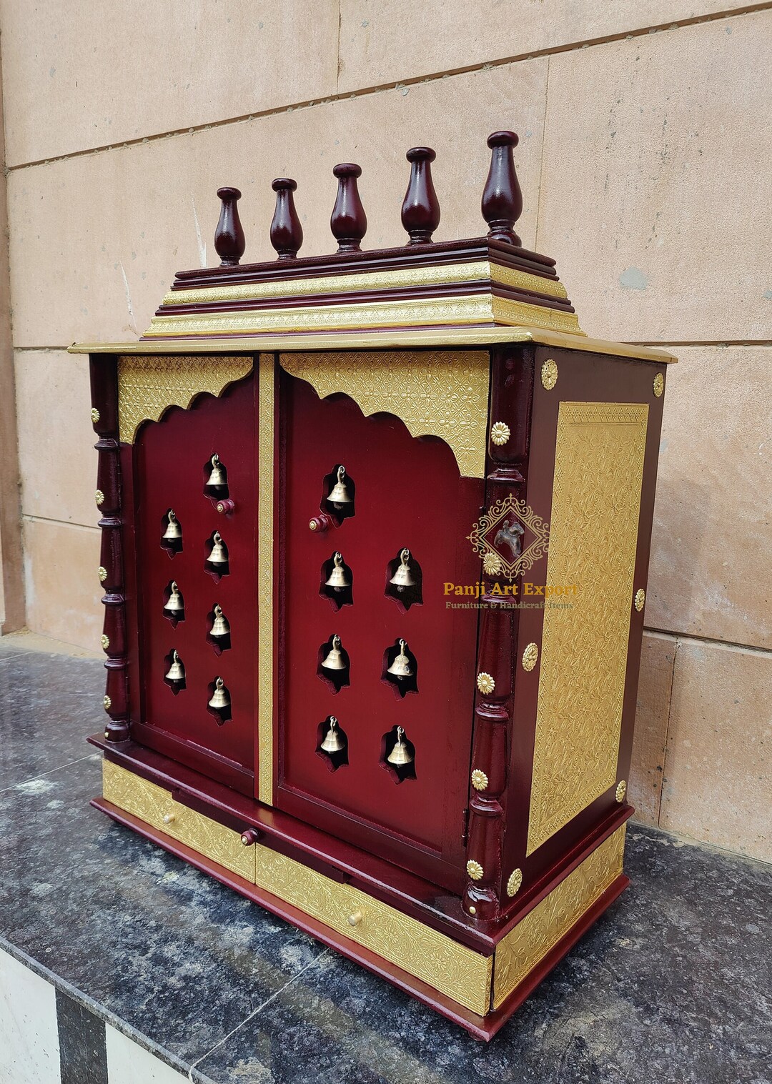 Wooden Temple Mandir Cherry + Gold Finished Beautiful Hanging Bells ...
