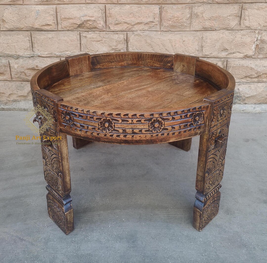 Wooden Handmade Carved Mango Wood Coffee Table: Indian Chakki Side ...