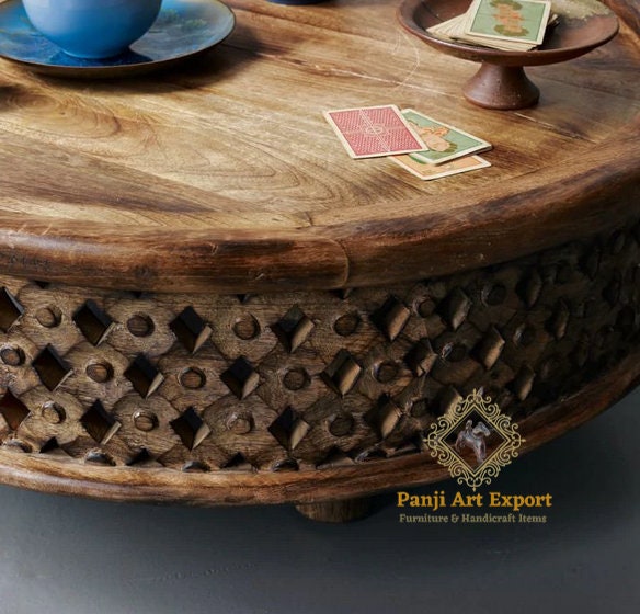 Handmade Round Mango Wood Coffee Table: Lattice Carved Indian Decor - Etsy
