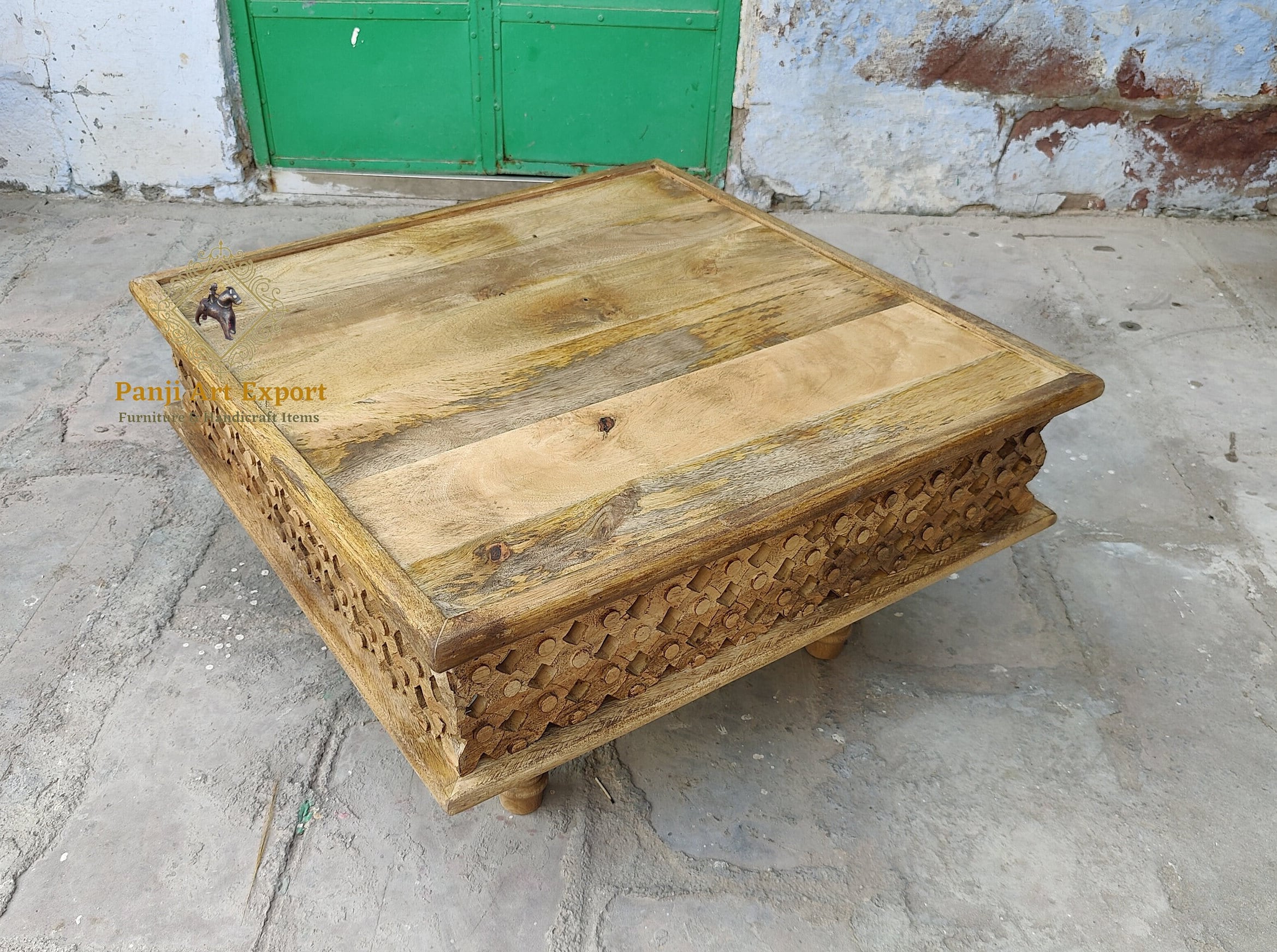 Handmade Raw Mango Wood Coffee Table: Lattice Carved Square Accent ...
