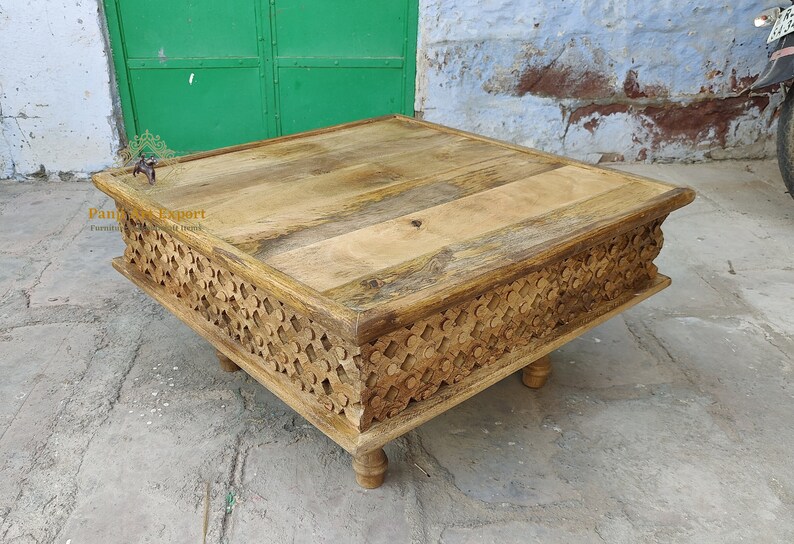 Handmade Raw Mango Wood Coffee Table: Lattice Carved Square Accent ...