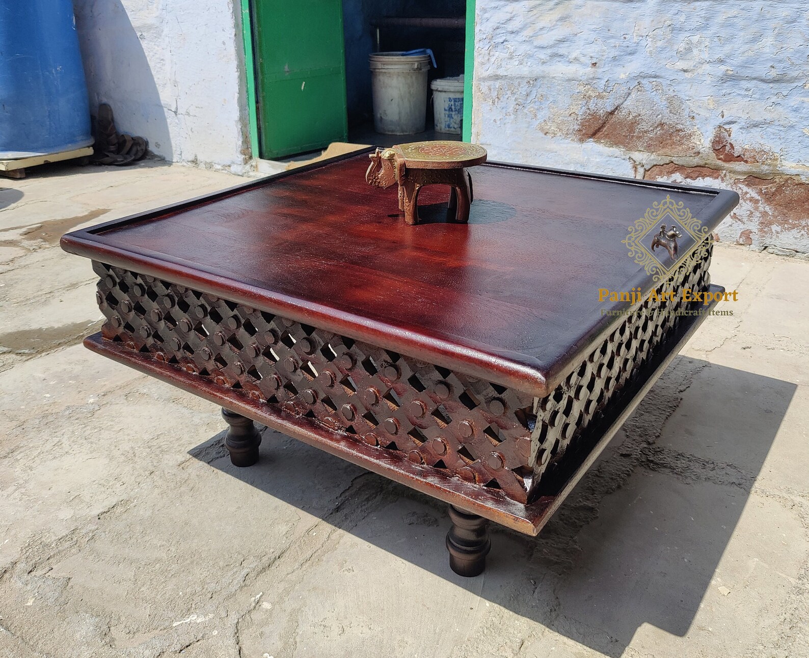Handmade Raw Mango Wood Coffee Table: Lattice Carved Square Accent ...