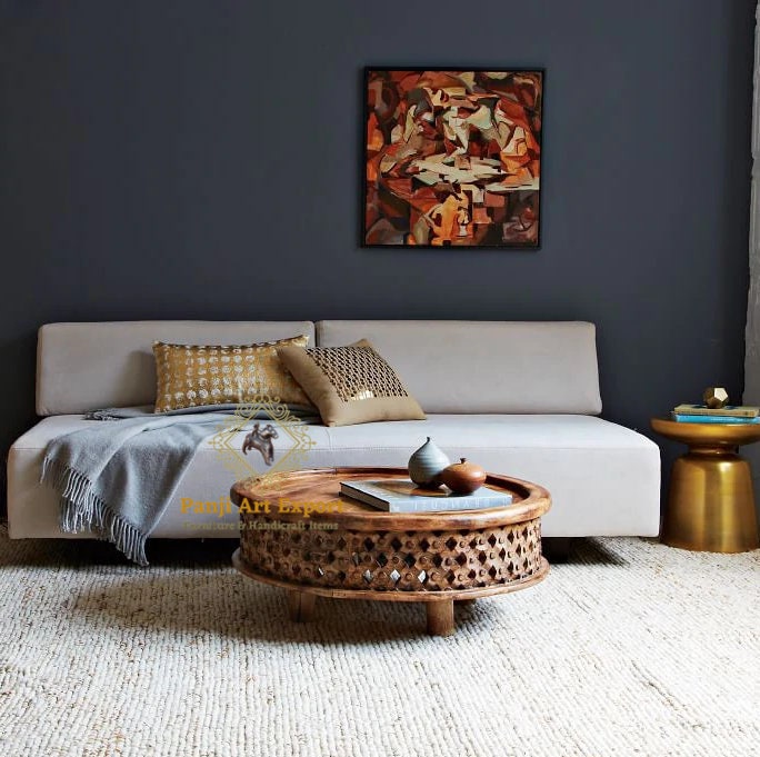 Wooden Coffee Table Curved Table in Raw Mango Lattice Round - Etsy
