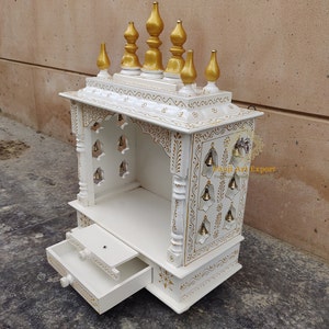 Wooden Temple Mandir White + Gold Finished Beautiful Hanging Bells ...