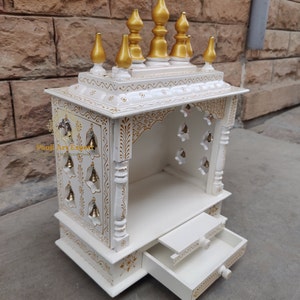 Wooden Temple Mandir White + Gold Finished Beautiful Hanging Bells ...