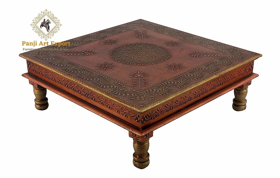 Wooden Pooja Chowki Handmade Embossed Copper Gold Chowki - Etsy