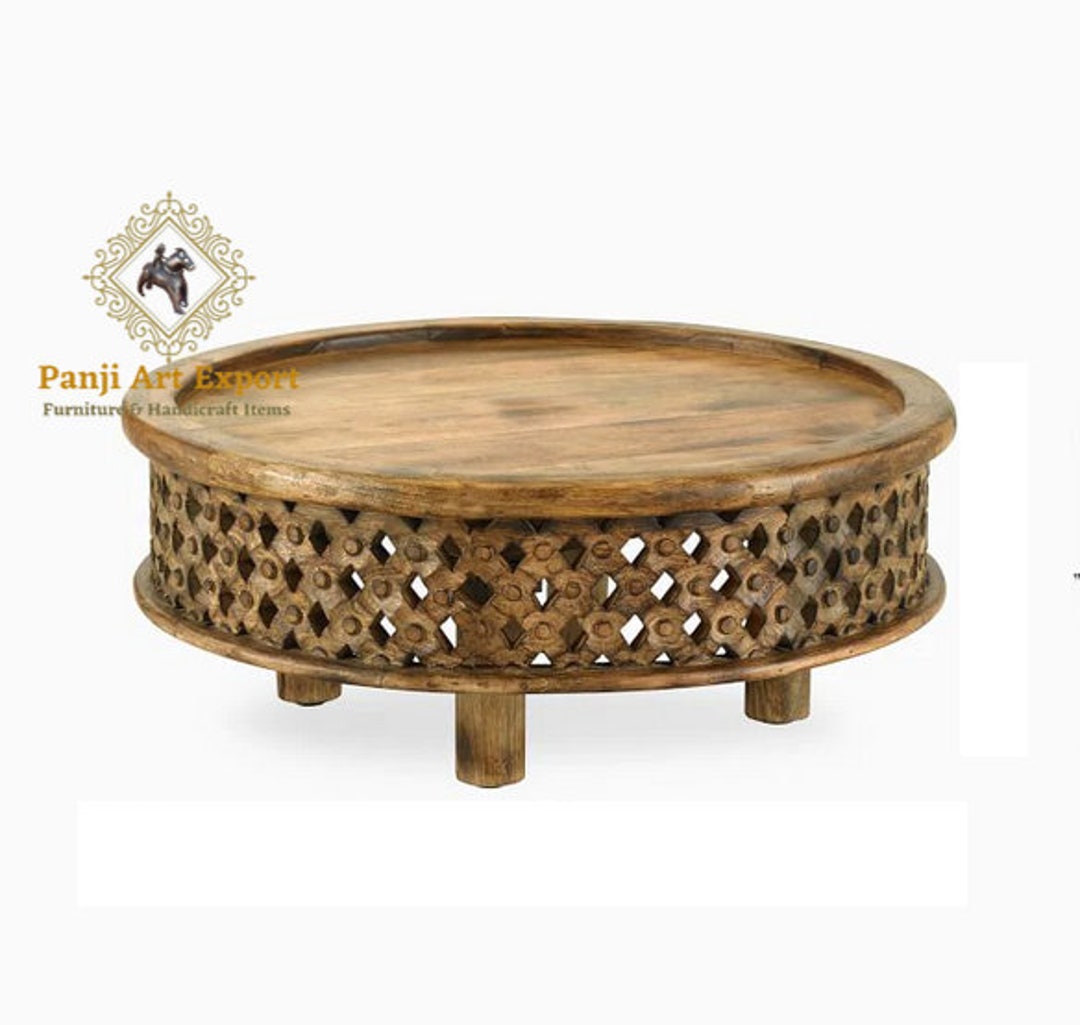 Wooden Coffee Table Curved Table in Raw Mango Lattice Round - Etsy