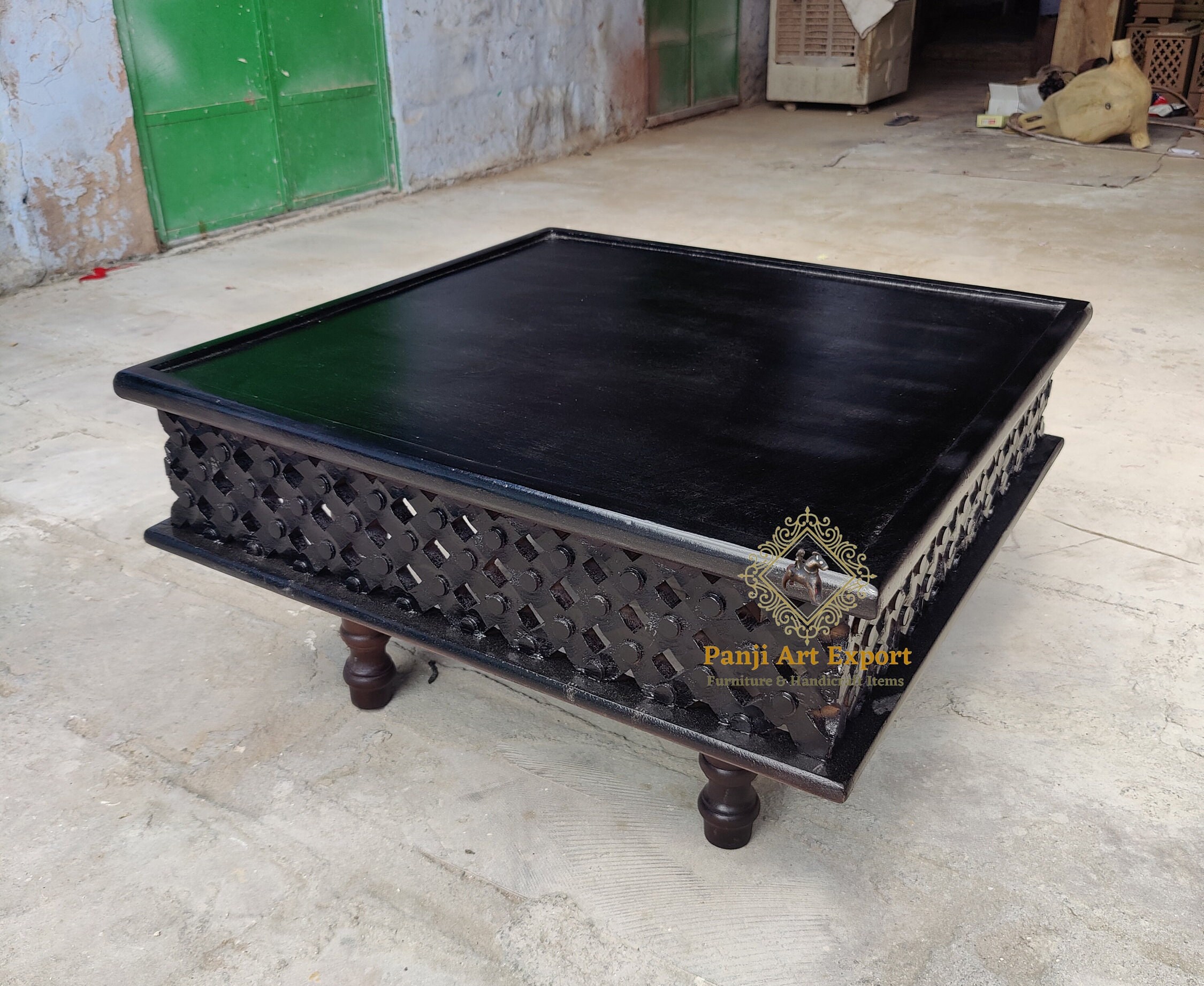 Handmade Raw Mango Wood Coffee Table: Lattice Carved Square Accent ...