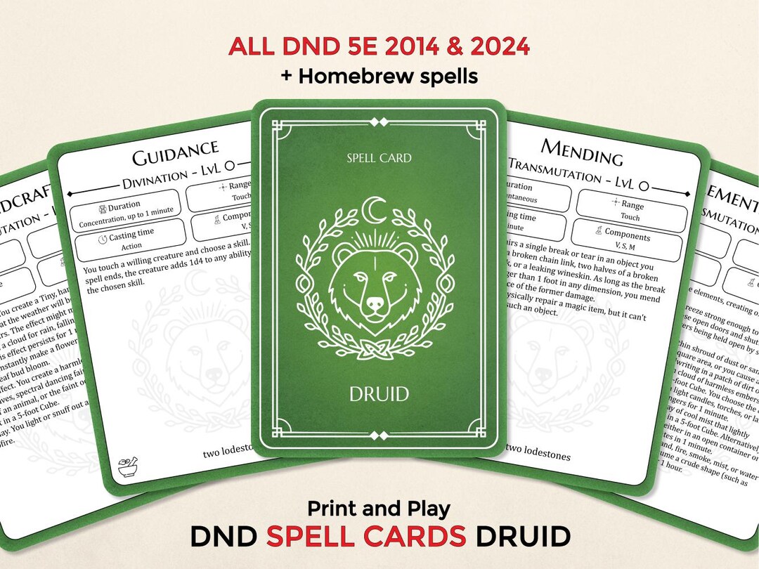 Druid Spell Cards Dnd 5e - 2024 and 2014 SRD - Printable Druid Spells ...