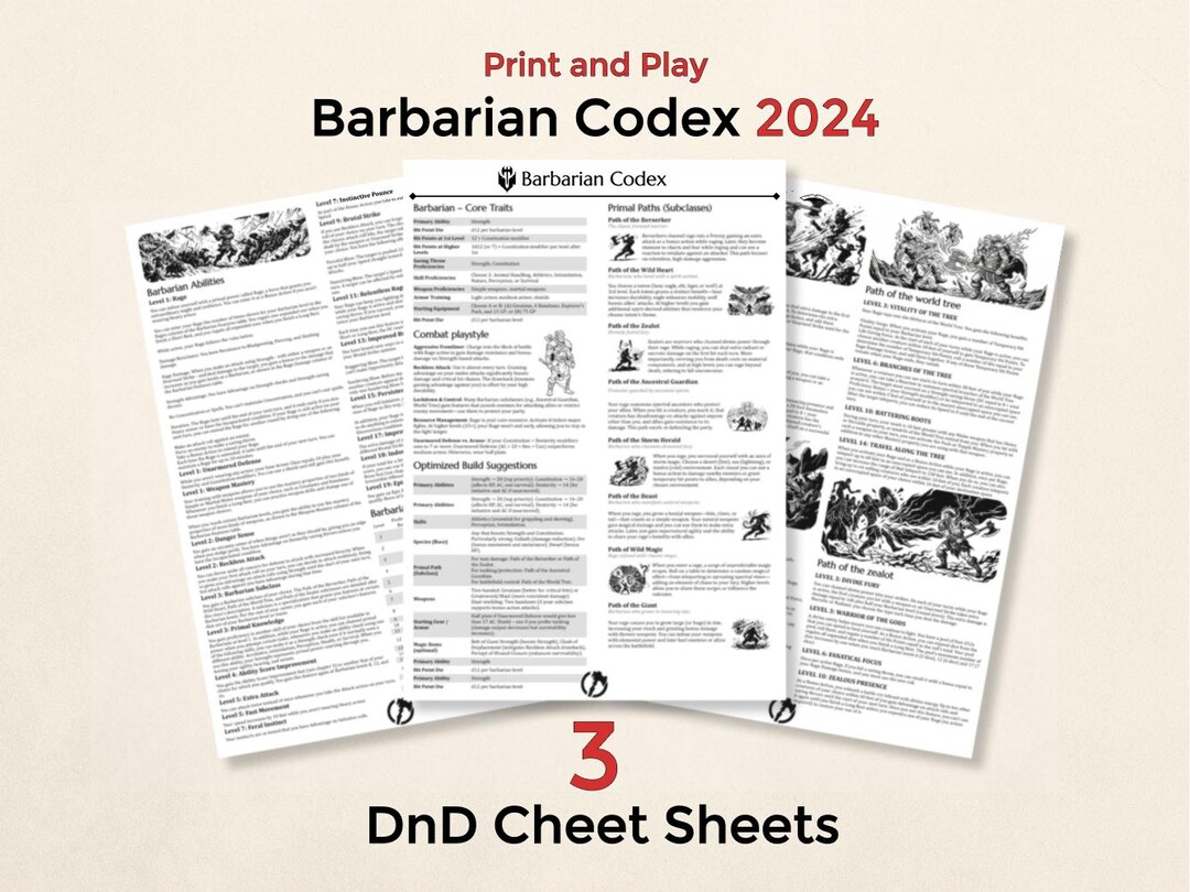 Barbarian Codex | 2024 Barbarian Cheat Sheet for Dnd - Etsy