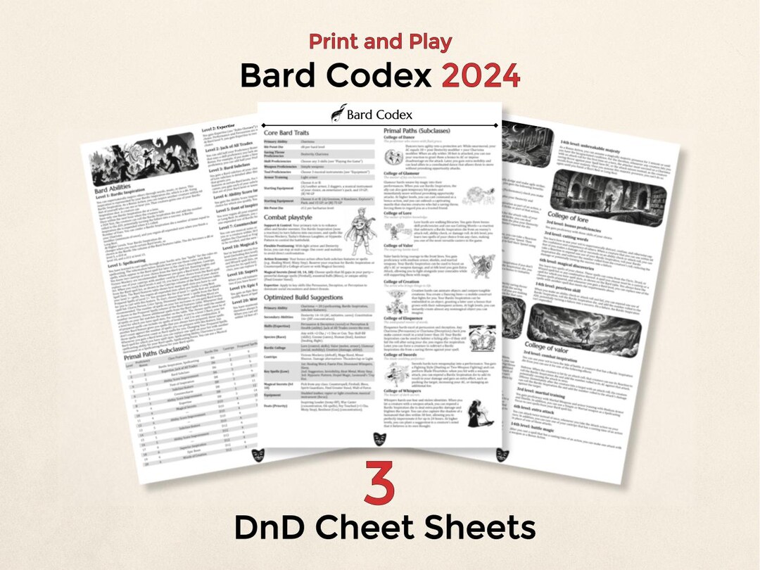 Bard Codex | Print and Play Bard Codex Cheat Sheet for Dnd 5e | Player ...