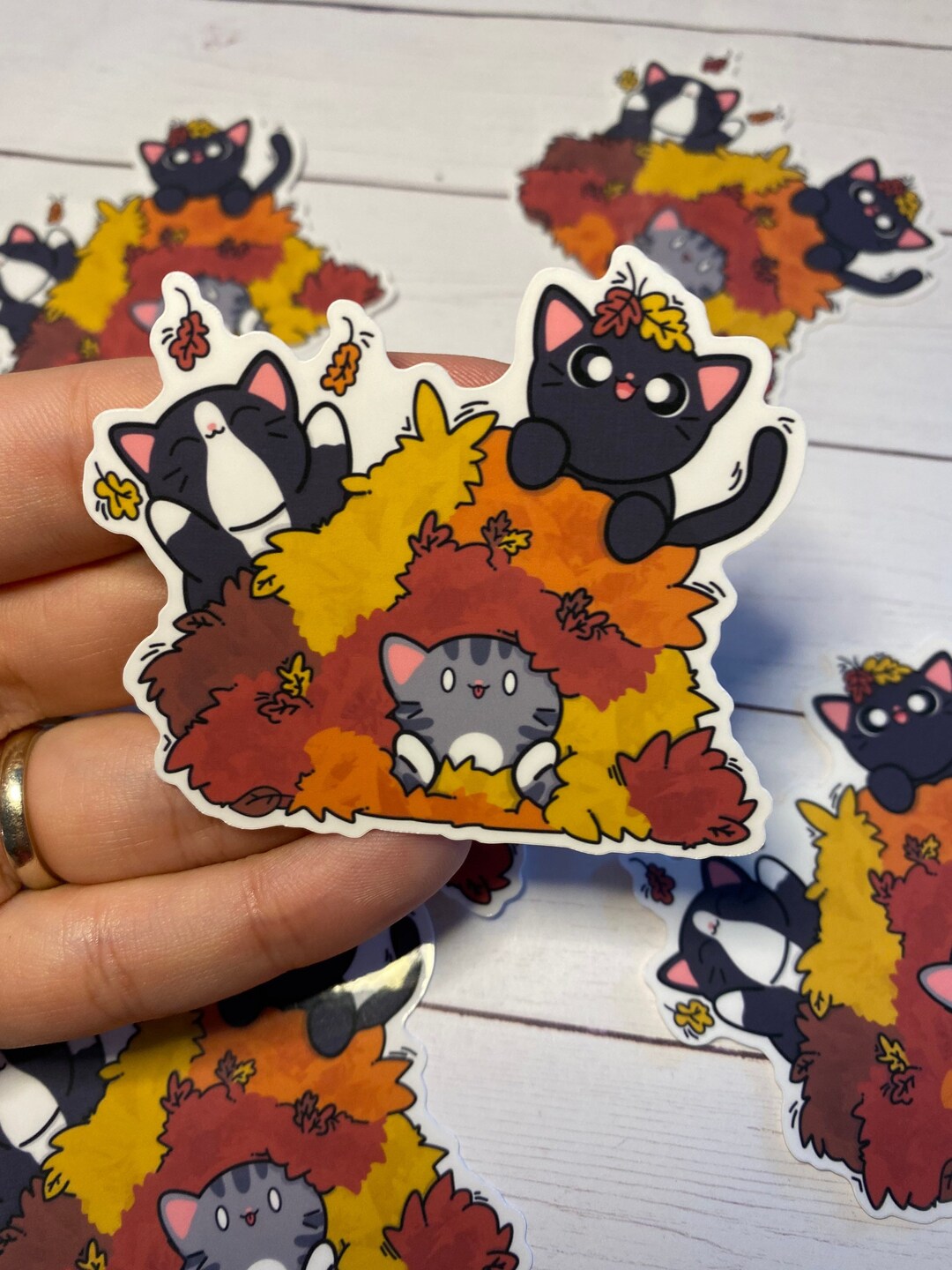 Fall Cats in Leaf Pile - Cat Sticker - Vinyl Sticker Decal for Laptops ...