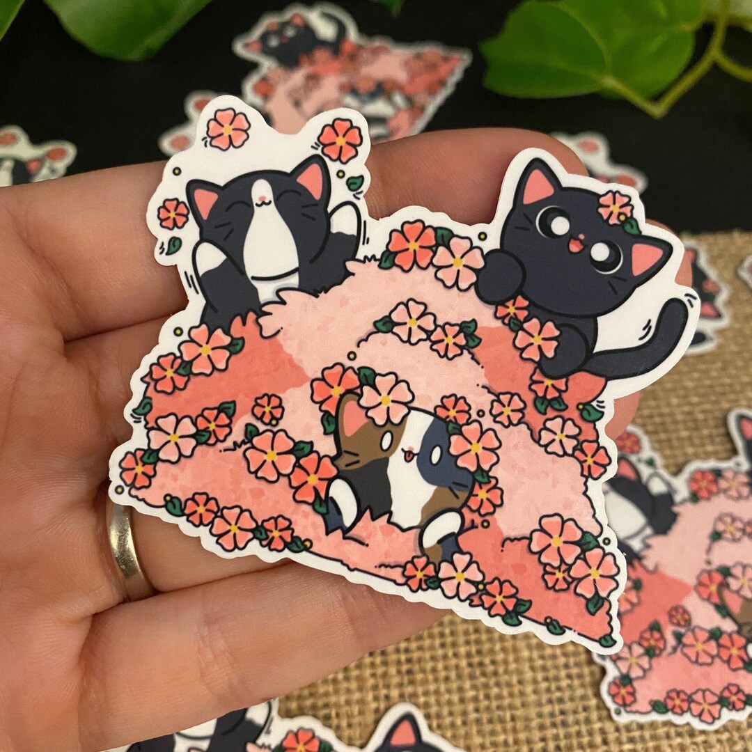 Spring Cats in Sakura Pile - Cat Sticker- Water Resistant Sticker ...