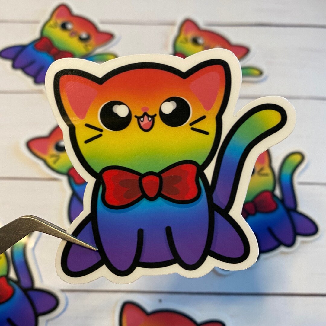 Rainbow - Bow Tie Cats - Cat Sticker - Vinyl Sticker Decal for Laptops ...