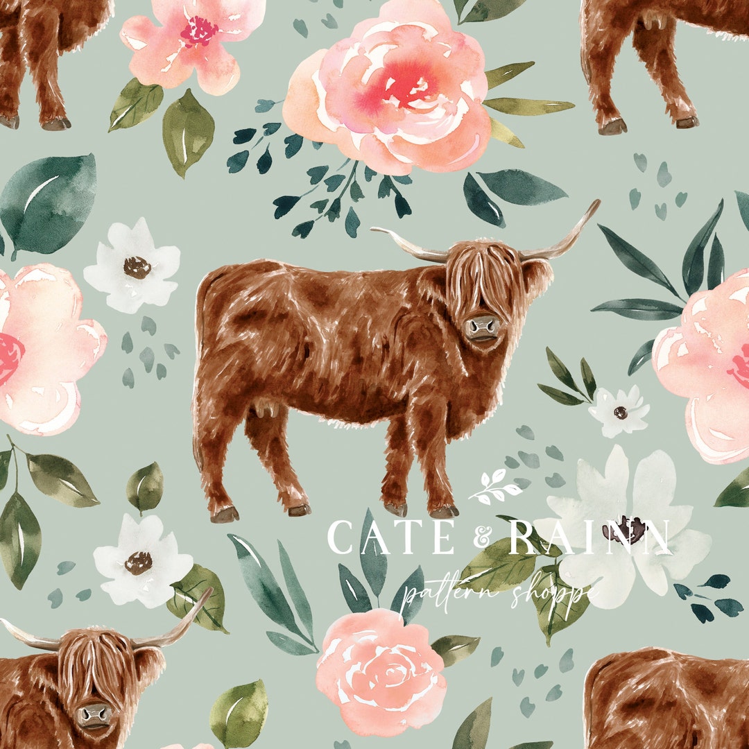 Mint Blue Highland Cow Floral Seamless Pattern, Floral Repeat Pattern ...