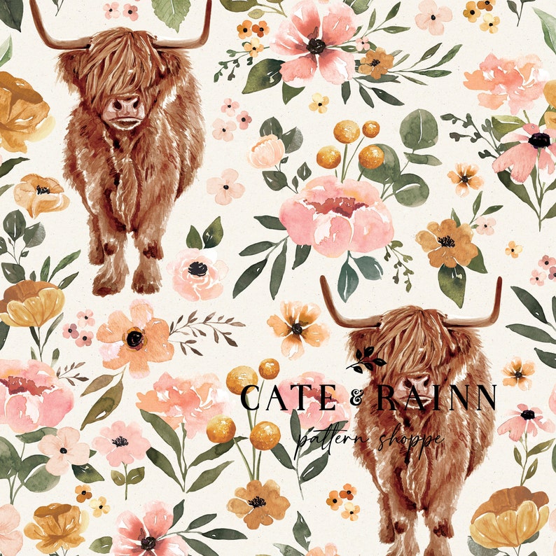 Highland Cow Floral Seamless Pattern Charlotte Boho Floral - Etsy Australia