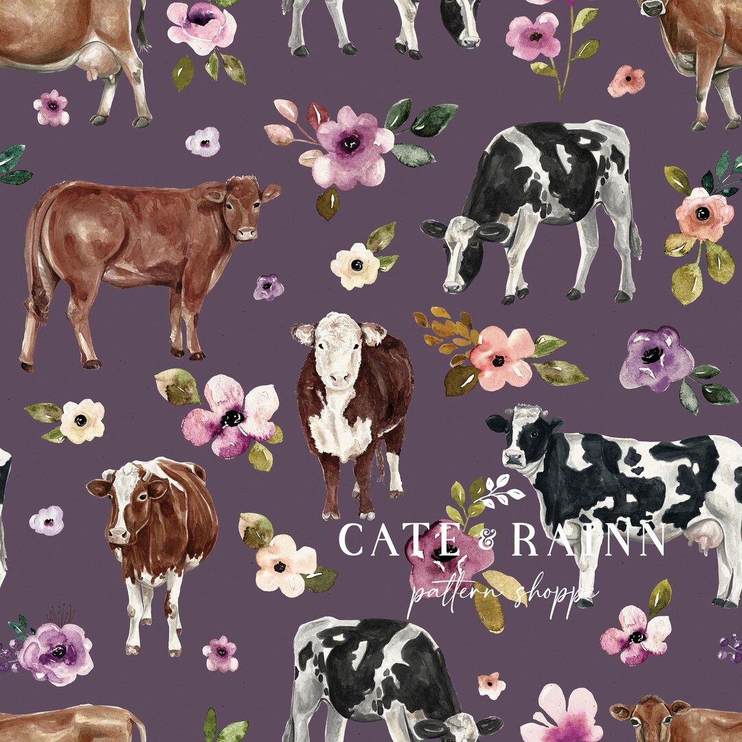 Cows With Flowers Seamless Pattern on Purple Autumn Amethyst - Etsy