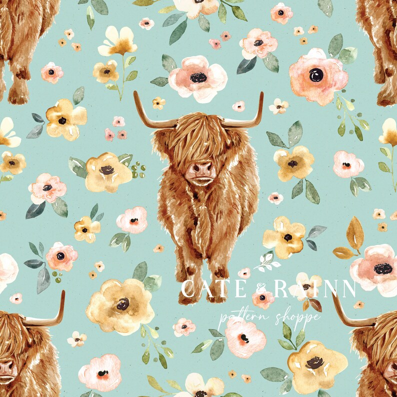 Highland Cow Seamless Pattern Watercolor Floral Seamless - Etsy
