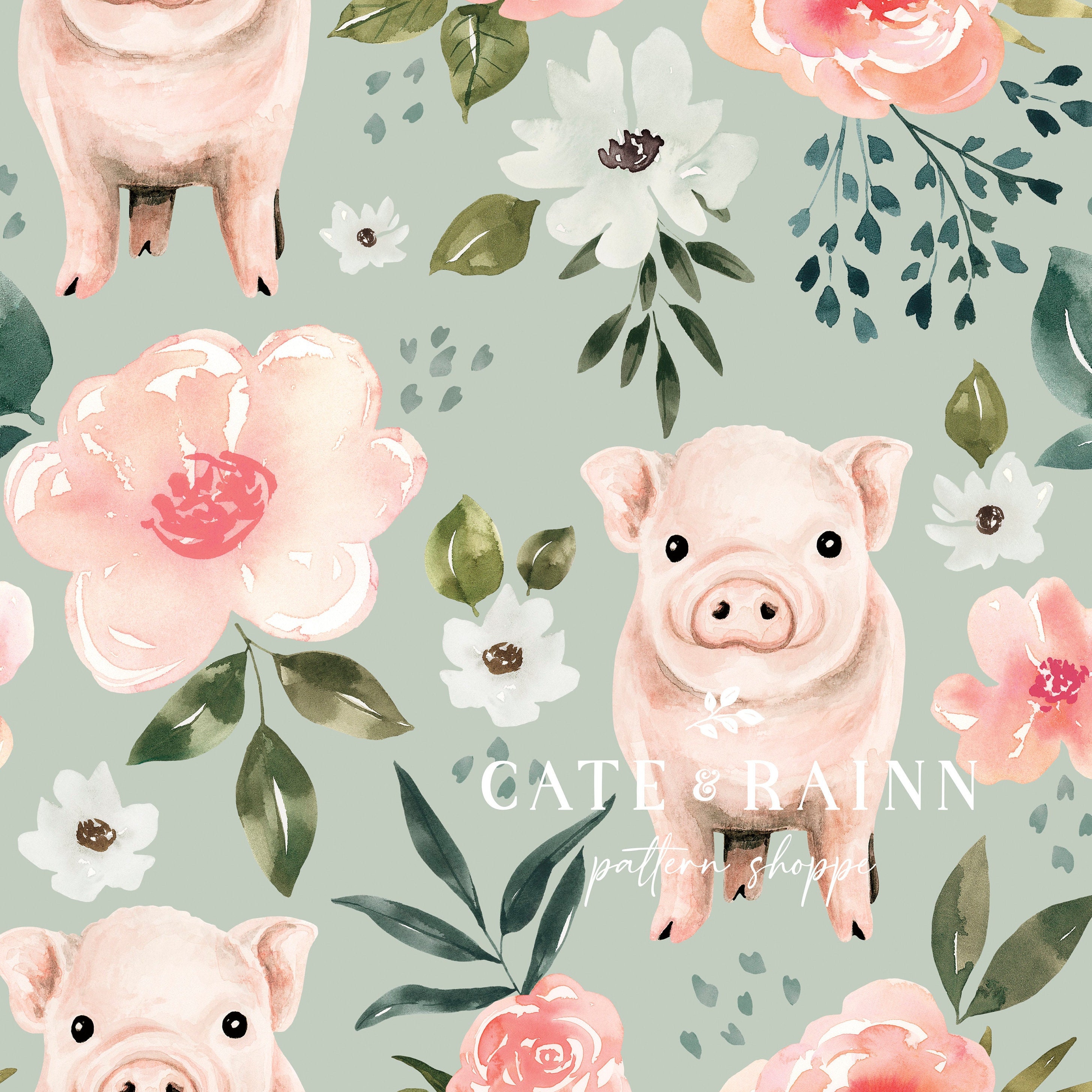 Mint Blue Piglet Floral Seamless Pattern Baby Pig Floral | Etsy