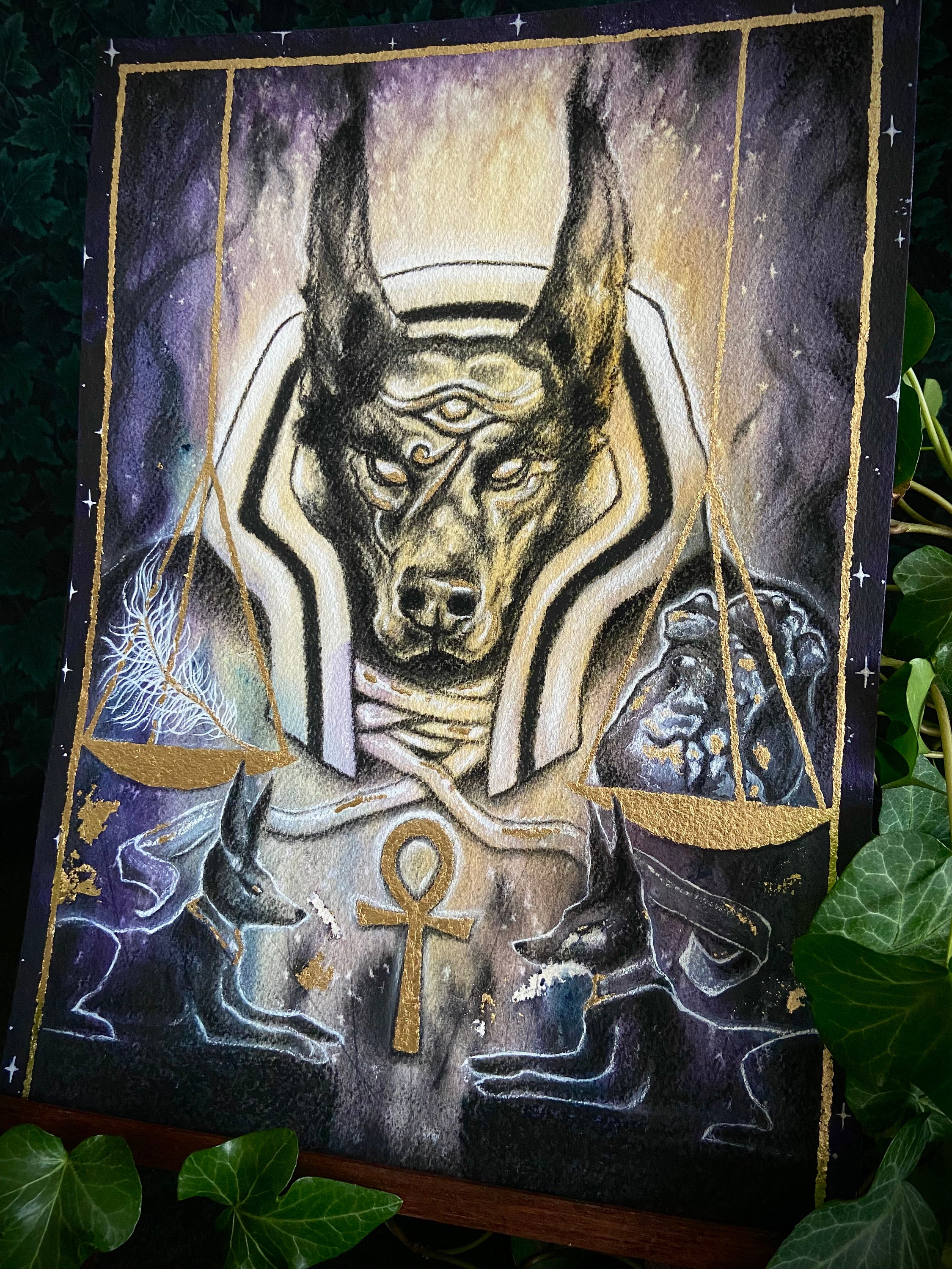 Anubis Original Artwork Egyptian God Anub Altar Painting Heart Feather ...