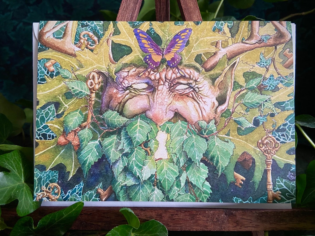 The Green Man Card ~ Forest God Cernnunos Oak Birch Ivy Watercolor ...