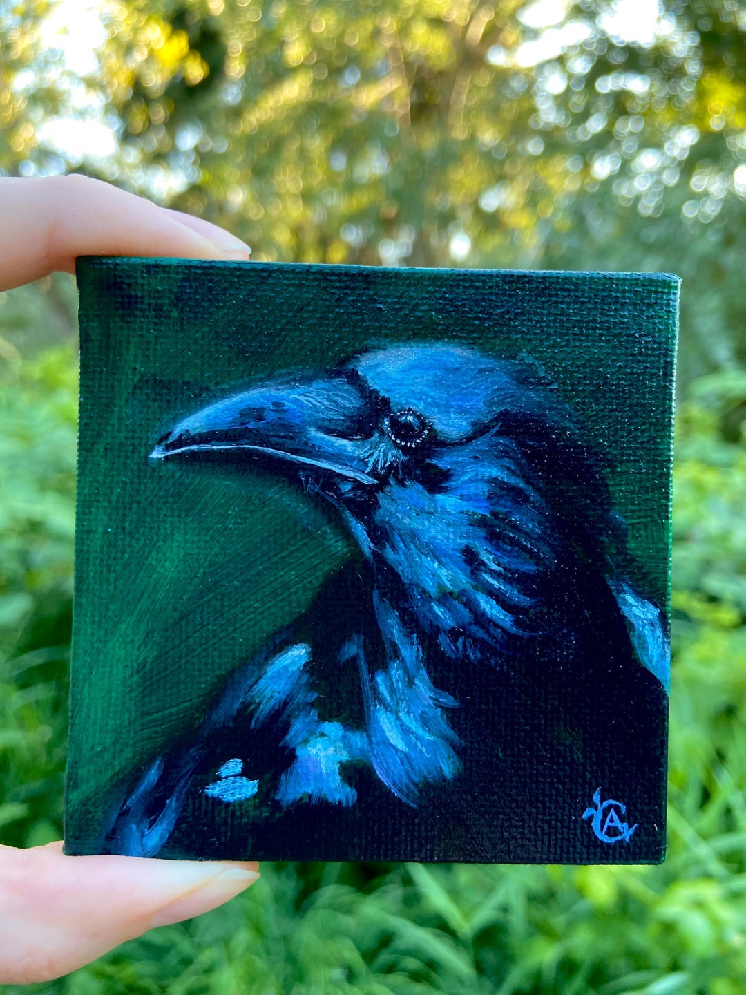 Raven Original Oil Painting ~ Miniature Ooak Artwork Corvid Crow Totem ...