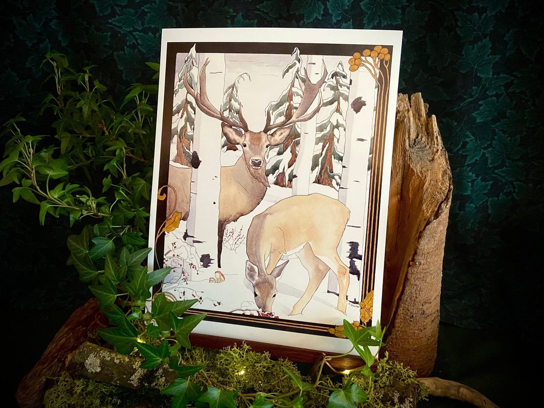 Winter Reh im Feen-Wald ~ verschneite Wald Rehe, die rote Beeren Birken ...
