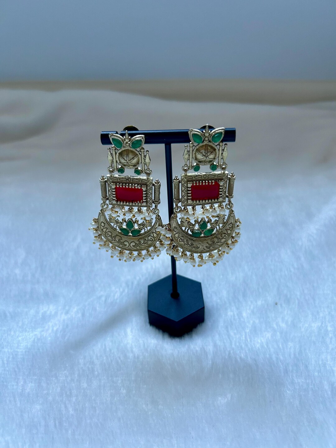 Dual Toned Emerald Green & Ruby Gold Crafted Earrings ...