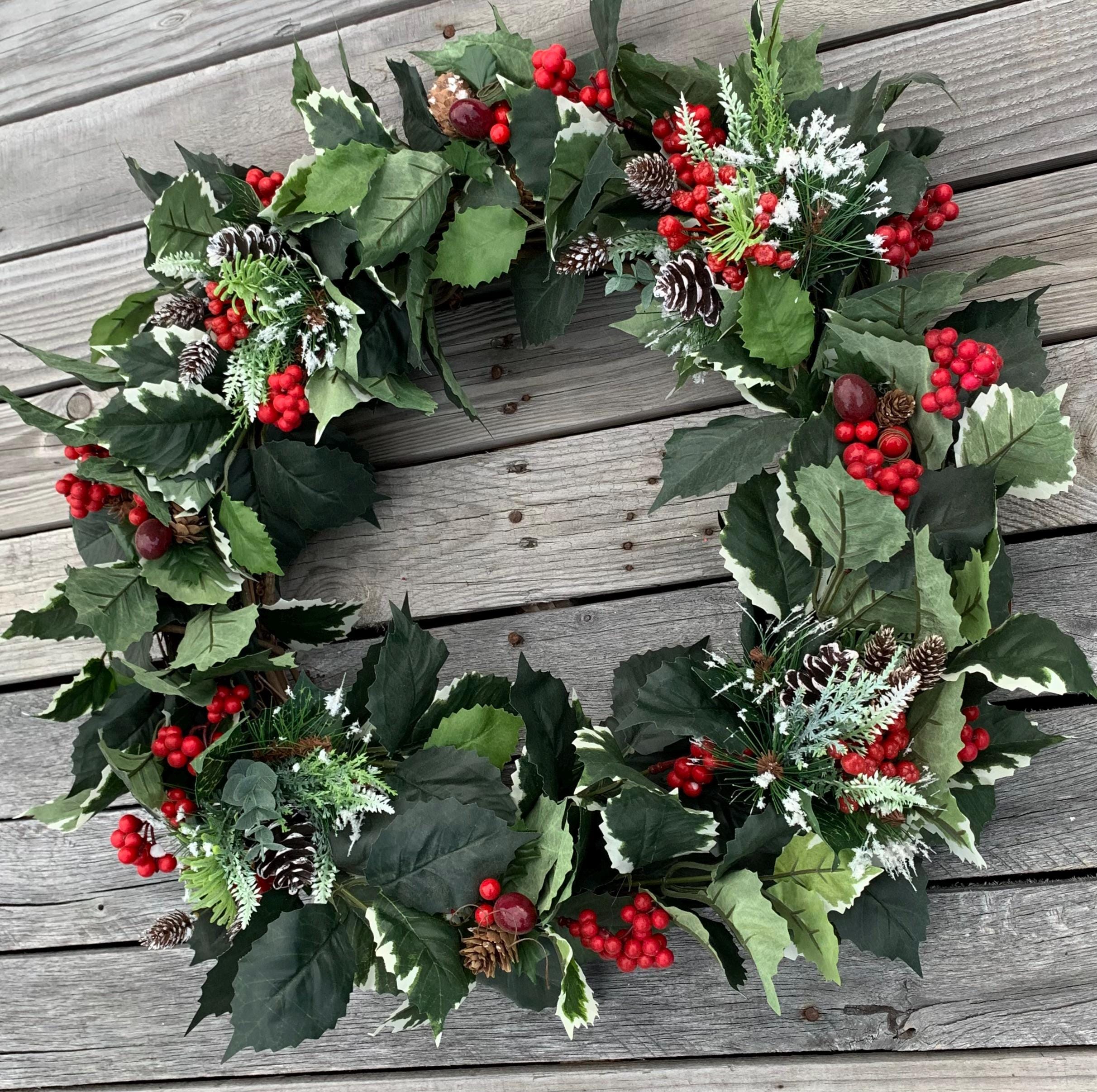 Handmade Christmas Wreath With Holly Leaves, Berries and Pinecones ...