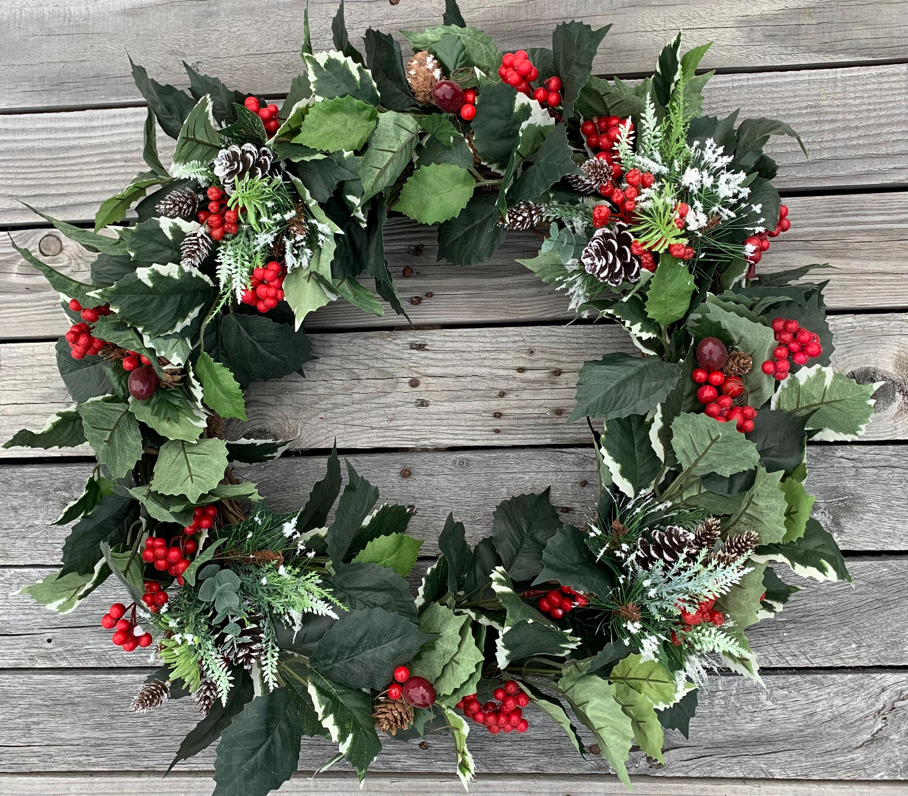 Handmade Christmas Wreath With Holly Leaves, Berries and Pinecones ...