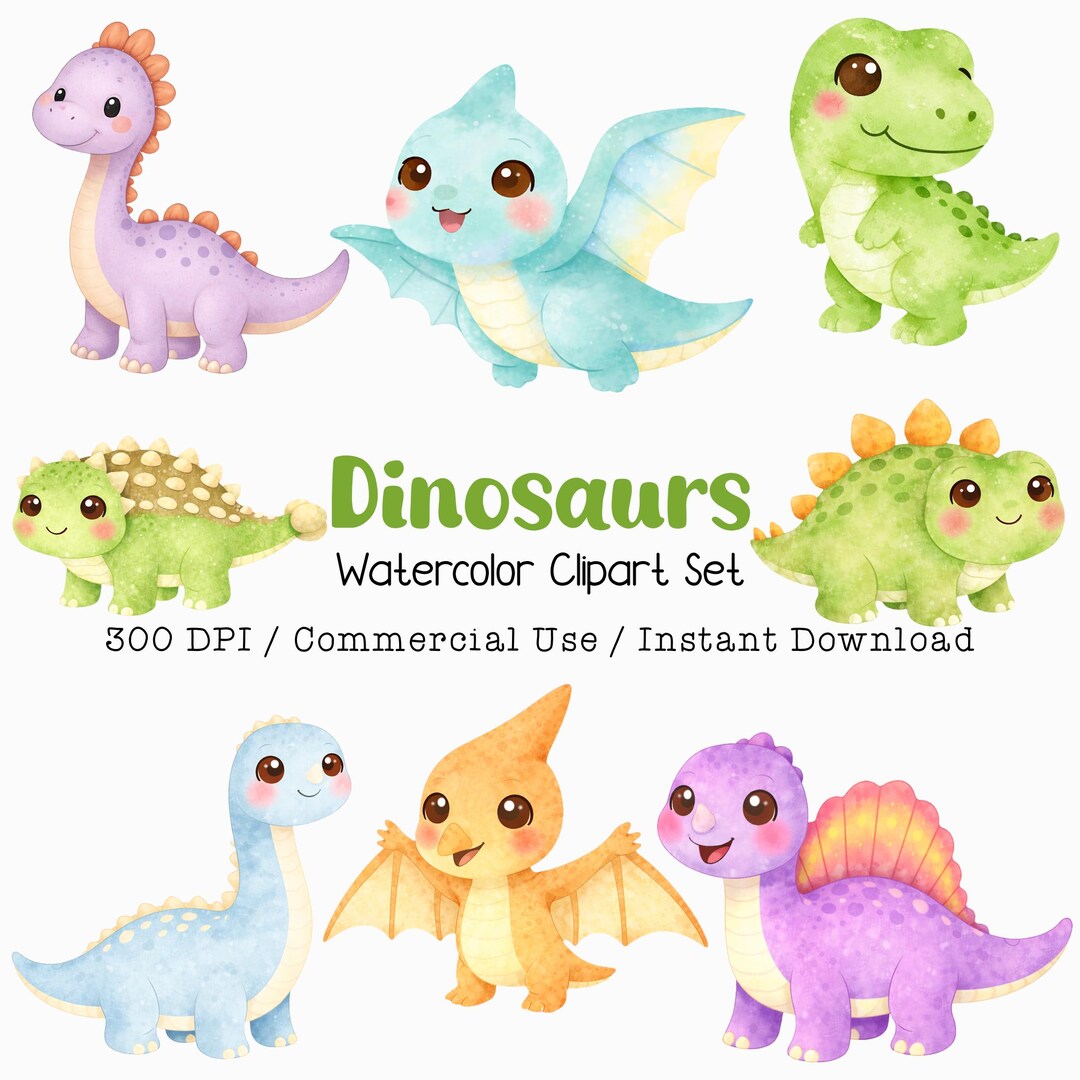 Watercolor Dinosaur Clipart Set, Baby Dino PNG, Nursery Art (commercial ...