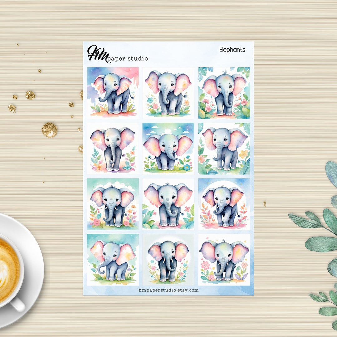Elephant Sticker Sheet, Cute Baby Elephants, Watercolor Elephant ...